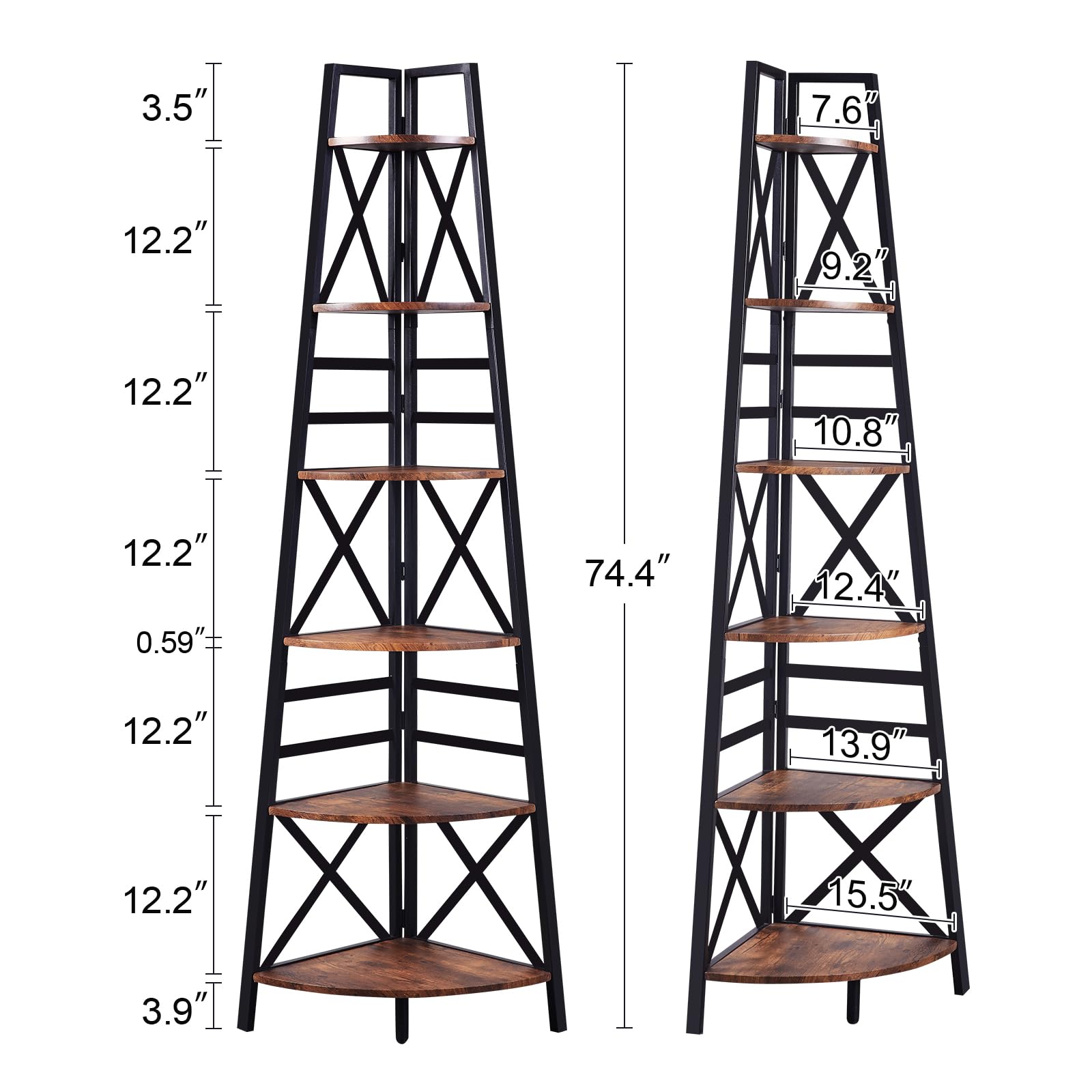 HOMBAZAAR Corner Shelf, 72 Inch Industrial Corner Bookshelf, 6 Tier Tall Corner Ladder Shelf with Metal Frames, Rustic Corner Shelf Stand for Living Room, Bedroom, Office, Rustic Brown