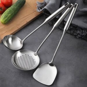 stainless steel wok spatula, wok utensils for carbon steel, wok tools professional set, 3-pieces 304 stainless steel cooking utensils all metal