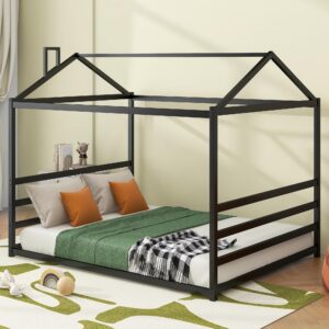 merax queen size metal house bed with roof, floor beds with sturdy steel bedframe for boys and girls, no box spring needed, black