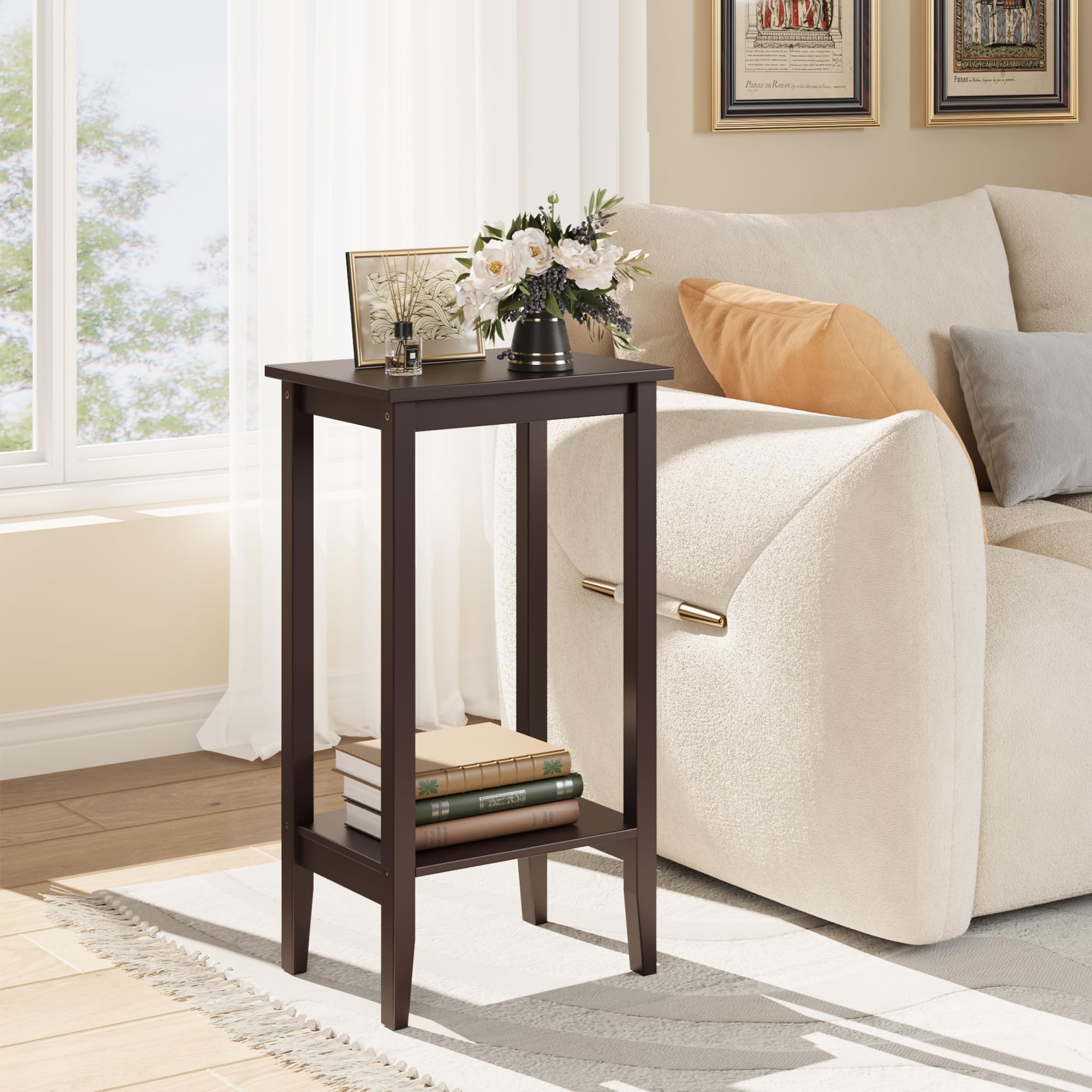 FOTOSOK Tall End Table with 2-Tier Storage Shelf, Small Sofa Side Table Nightstand for Living Room Hallway Small Spaces, Dark Brown