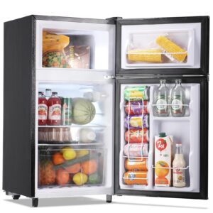 wanai mini fridge with freezer two doors small refrigerator with 7 setting adjustable thermostat crisper drawer & removable shelves extra drink space low noise freezer-on-top refrigerator, black