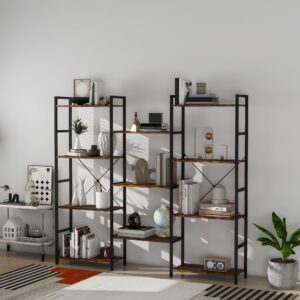 Panana Triple 4 Tier Bookshelf, Industrial Bookcase with 11 Open Display Shelves Wide Book Shelf Book Case with Metal Frame for Living Room Home Office (Brown)