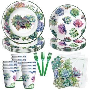 xigejob succulent party decorations tableware - succulent baby shower decorations dinnerware, plate, cup, napkin, fork, cactus succulent party supplies for birthday bridal shower wedding | serve 24