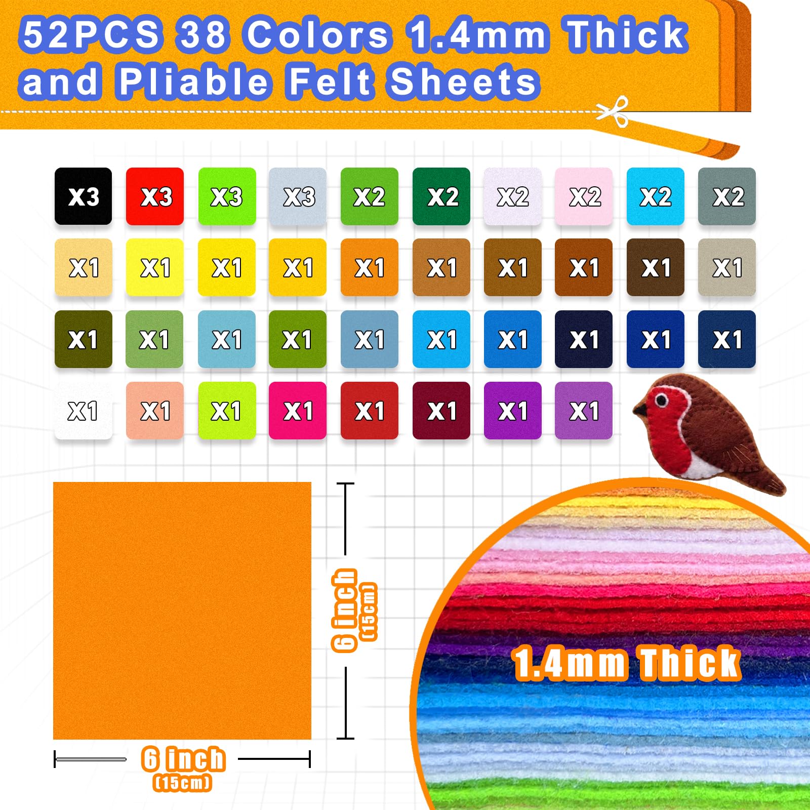 LISUBAN Felt Sheets, 52PCS Felt Fabric,1.4mm Felt, Soft Felt Squares, Colored Felt Sheets for Crafts, Suitable for School, Stuffed, Sewing Project Craft Felt (6 * 6inch-1.4mm)