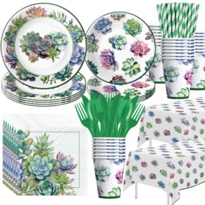 xigejob succulent party decorations tableware - succulent party supplies dinnerware for birthday & baby shower & wedding & bridal shower, paper plate, cup, napkin, tablecloth, cutlery straw | serve 24