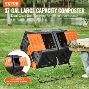 VEVOR Compost Bin, 37-Gal Dual Chamber Composting Tumbler, High Volume Two Rotating Chambers with 2 Sliding Door and Steel Frame, BPA Free Composter Bin Tumbler for Garden, Kitchen, Yard, Outdoor