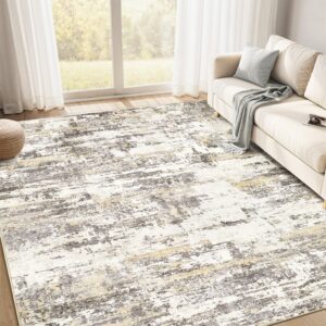 area rug living room rugs 5x7: modern neutral abstract aesthetic rug for bedroom dining room table - large soft stain resistant machine washable rug, indoor home office carpet - gold brown