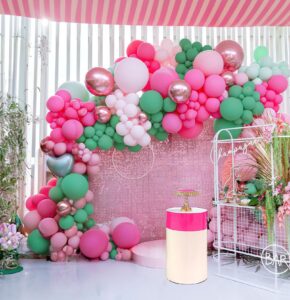 spring pink and green balloon garland arch kit 151 pcs with heart shape mylar balloons for spring girl baby shower fairy tale wonderlad birthday party decorations