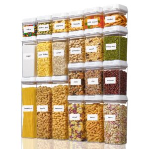 vtopmart 21 pcs airtight food storage containers set, bpa free plastic kitchen pantry organizer, with easy lock lids for pasta spaghetti cereal snack flour sugar rice organization, include 24 labels