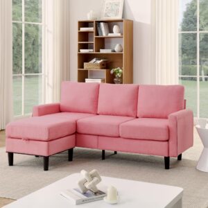 winjoy upholstered sectional sofa couch, l-shape sofa set with removable ottoman & storage seat,3 seat convertible modular sofa bed with reversible chaise for living room, apartment, small space pink