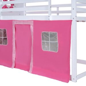 BOVZA Twin Over Twin House Bunk Bed with Tent, Kids Bunk Bed with Roof Elegant Windows and Sills, Wood Playhouse Tent Loft Bed Frame for Teens Boys Girls, Pink+White