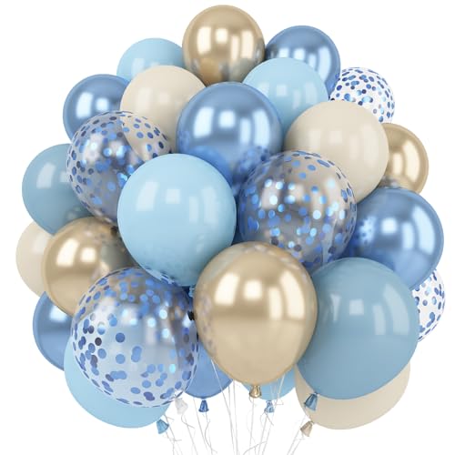 Dusty Blue Gold Balloons, 60 Packs 12 Inch Dusty Baby Blue Chrome Gold Blue Confetti Balloon Sand White Balloon for Boy Baby Shower Decorations Bridal Shower Gender Reveal Birthday Party Supplies