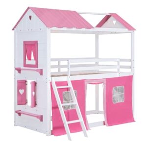 BOVZA Twin Over Twin House Bunk Bed with Tent, Kids Bunk Bed with Roof Elegant Windows and Sills, Wood Playhouse Tent Loft Bed Frame for Teens Boys Girls, Pink+White