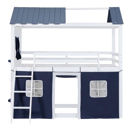 BOVZA Twin Over Twin House Bunk Bed with Tent, Kids Bunk Bed with Roof Elegant Windows and Sills, Wood Playhouse Tent Loft Bed Frame for Teens Boys Girls, Blue+White