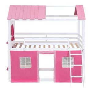 BOVZA Twin Over Twin House Bunk Bed with Tent, Kids Bunk Bed with Roof Elegant Windows and Sills, Wood Playhouse Tent Loft Bed Frame for Teens Boys Girls, Pink+White