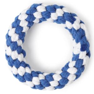 dog rope donut dental chew play toy braided for bored, teething puppys and dogs (blue)