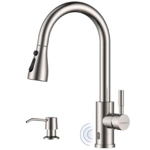 dayone touchless kitchen sink faucet with soap dispenser and pull down sprayer, stainless steel high arc motion sensor touch faucet for kitchen sink smart hands-free single handle, brushed nickel