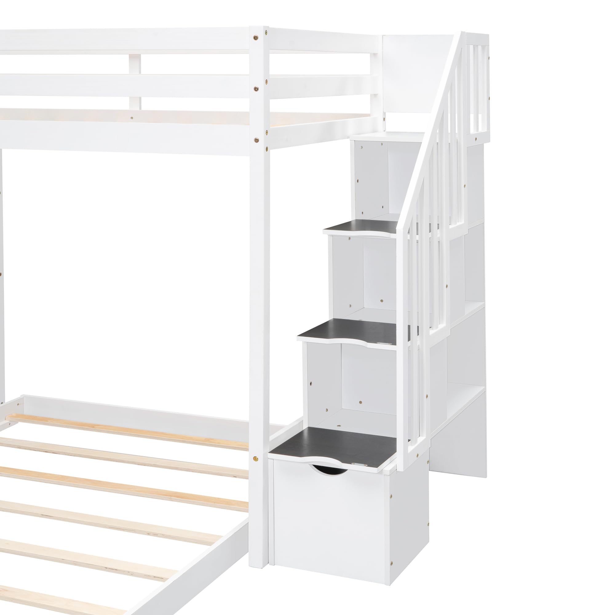 Favfurish Twin Over Full Bunk Bed with 3-Layer Shelves,Wood L-Shape High Loftbed Frame W/ 4 Drawers & Storage Stairs,No Box Spring Required,Slats Support,for Kids Teens Adults,White