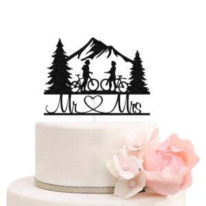 funny wedding cake topper - groom and bride on mountain bikes - mountain biker couple cake topper - mr & mrs wedding party decorations black glitter