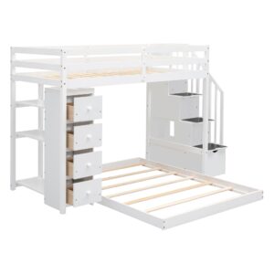 Favfurish Twin Over Full Bunk Bed with 3-Layer Shelves,Wood L-Shape High Loftbed Frame W/ 4 Drawers & Storage Stairs,No Box Spring Required,Slats Support,for Kids Teens Adults,White