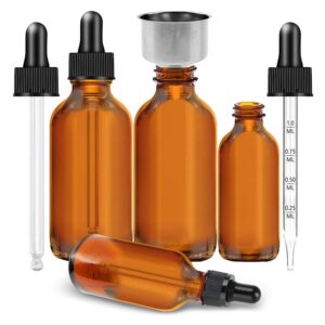 othmro 2oz+3.4oz glass dropper bottle, 60ml, 100ml amber glass tincture bottles with 1 stainless steel funnels, leakproof essential oils bottle for storage and travel, set of 4