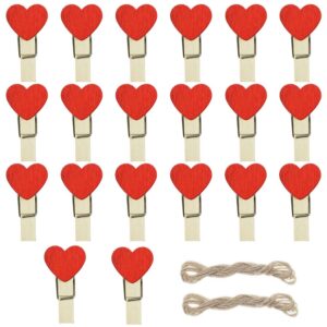 fazhbary red heart clothespins mini wooden clothespins with jute twine small valentine's day decorative wood peg pin craft clips for pictures photo memo card