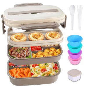 bento box adult lunch box, stackable bento lunch container for adults kids, 3 layer portable lunch containers with utensils, sauce jar, muffin liners, 63oz, microwave & dishwasher safe, brown