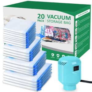 zpp vacuum storage bags with electric pump, 20 pack (4 jumbo, 4 large, 4 medium, 4 small, 4 roll up bags) vacuum seal bags for clothes, mattress, blanket, comforters, travel, moving