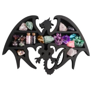 stylitzy wooden floating shelf dragon design unique room decor crystal & rock display shelf, floating wall shelves with dragon design for rocks, crystals, oils, stones, plants(14x9.4inches