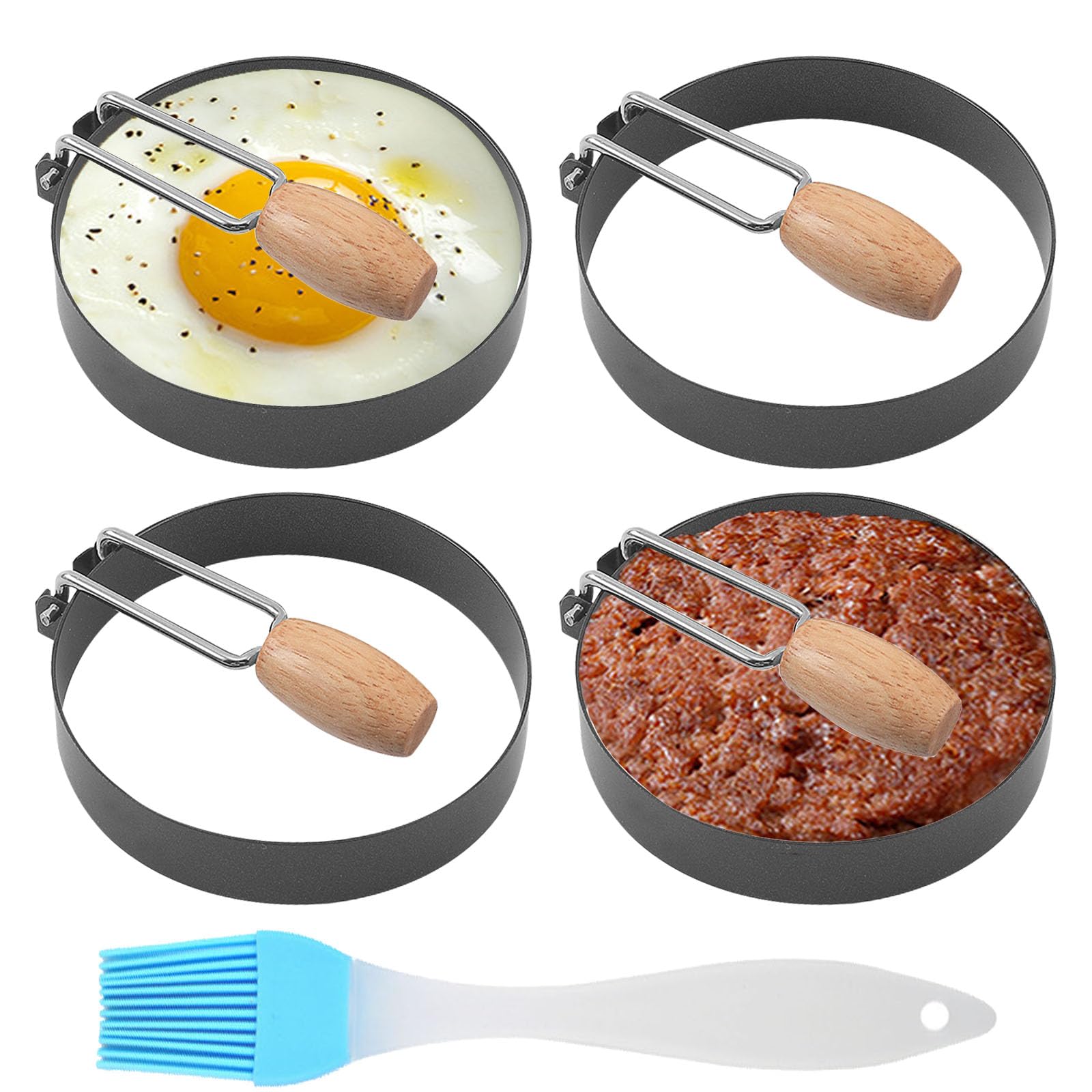 4Pcs Egg Rings With Wooden Handle, 3.5 Inch Egg Rings for Frying Eggs Stainless Steel Fried Egg Cooker Ring With Oil Brush Nonstick Griddle Egg shaper Ring Mold for Breakfast Sandwich English Muffins