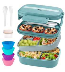 bento box adult lunch box, stackable lunch container for adults men women kids, 63oz 3 layer large lunch box container with utensil set, sauce container, muffin cups, green