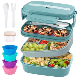 Bento Box Adult Lunch Box, Stackable Lunch Container for Adults Men Women Kids, 63oz 3 Layer Large Lunch Box Container with Utensil Set, Sauce Container, Muffin Cups, Green