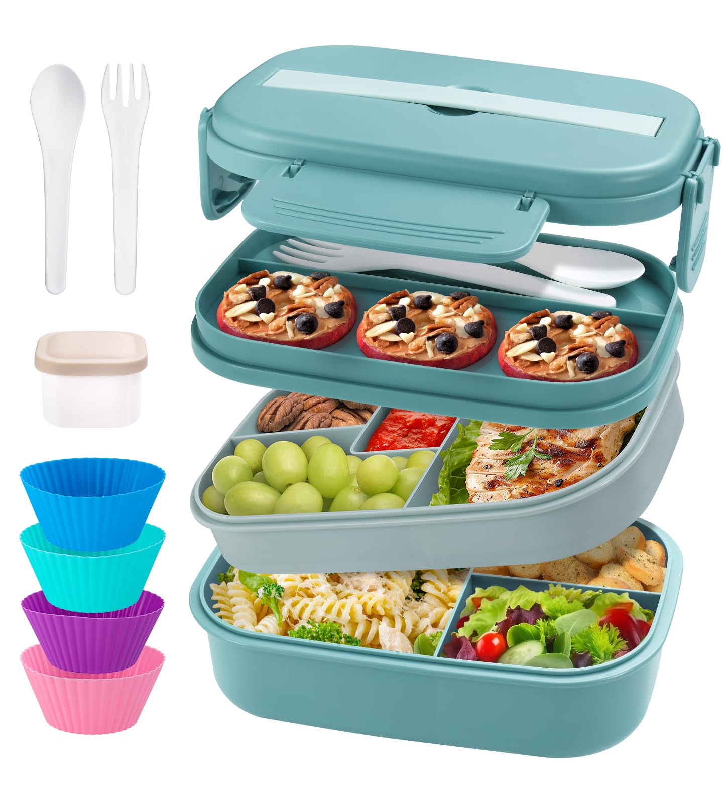 Bento Box Adult Lunch Box, Stackable Lunch Container for Adults Men Women Kids, 63oz 3 Layer Large Lunch Box Container with Utensil Set, Sauce Container, Muffin Cups, Green