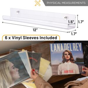 Vinyl Record Wall Mount Shelf Set - Invisible Floating Vinyl Record Wall Display Holder with Protective Vinyl Record Sleeves - Easy-To-Install Clear Acrylic Record Shelves - 12 Inches, 6 Pack