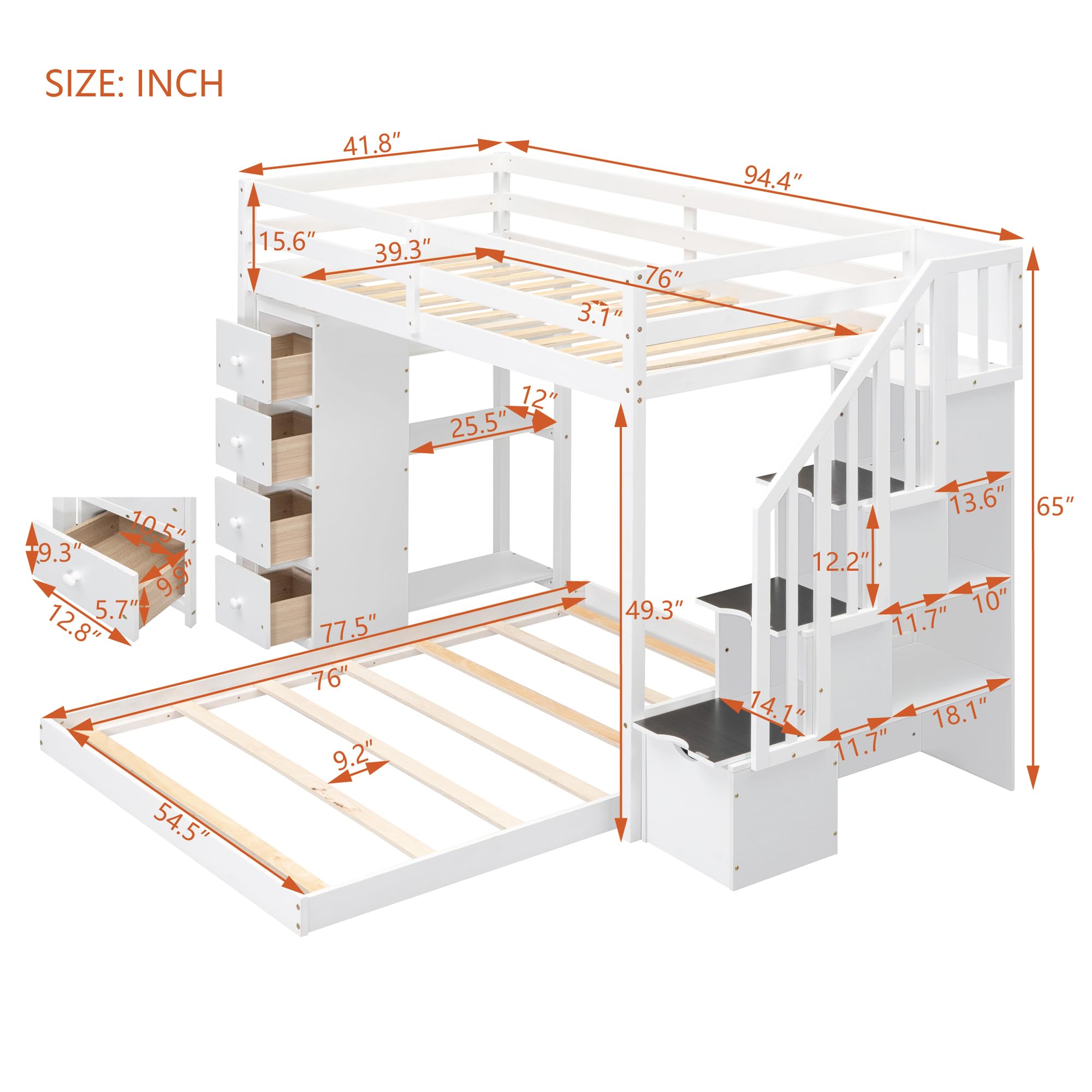 Favfurish Twin Over Full Bunk Bed with 3-Layer Shelves,Wood L-Shape High Loftbed Frame W/ 4 Drawers & Storage Stairs,No Box Spring Required,Slats Support,for Kids Teens Adults,White