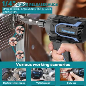 Powilling Impact Driver Kit - 20V Electric 1/4 Inch Hex Impact Drill/Driver Set，2 Variable Speed, with 6.0Ah Battery and Charger, 14Pcs Socket and Tool Case Includ