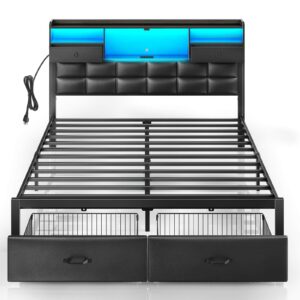 rolanstar bed frame full size with drawers and charging station, upholstered platform bed with storage headboard and led light, heavy duty metal frame support, no box spring needed, noise free, black