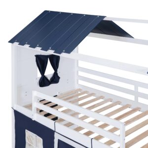 BOVZA Twin Over Twin House Bunk Bed with Tent, Kids Bunk Bed with Roof Elegant Windows and Sills, Wood Playhouse Tent Loft Bed Frame for Teens Boys Girls, Blue+White