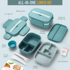 Bento Box Adult Lunch Box, Stackable Lunch Container for Adults Men Women Kids, 63oz 3 Layer Large Lunch Box Container with Utensil Set, Sauce Container, Muffin Cups, Green