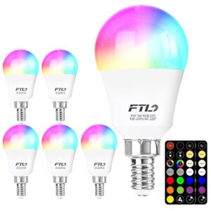 ftl e12 led light bulb color changing, 5w 40w equivalent a15 rgb light bulb with remote control, warm white to daylight white 2700k-6000k, 30 colors rgb e12 led bulb dimmable,timer, 2 modes,6-pack