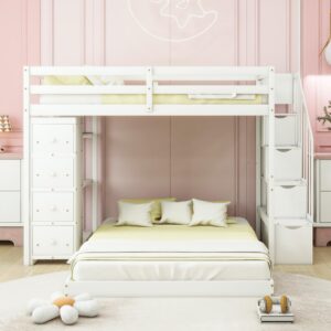 favfurish twin over full bunk bed with 3-layer shelves,wood l-shape high loftbed frame w/ 4 drawers & storage stairs,no box spring required,slats support,for kids teens adults,white