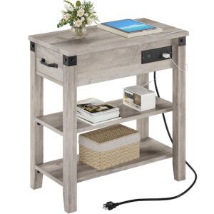 idealhouse end table with usb ports and outlets, flip top side table narrow bedside table with drawer and storage shelves for living room, rustic grey