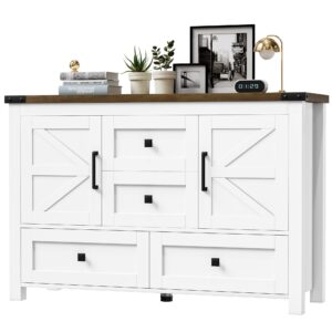 vvflu farmhouse white dresser for bedroom with 4 drawers and 2 barn doors, white wood chest of drawers 47 inch wide, large, long, adjustable shelves, 5 legs, living dining room, entryway, hallway