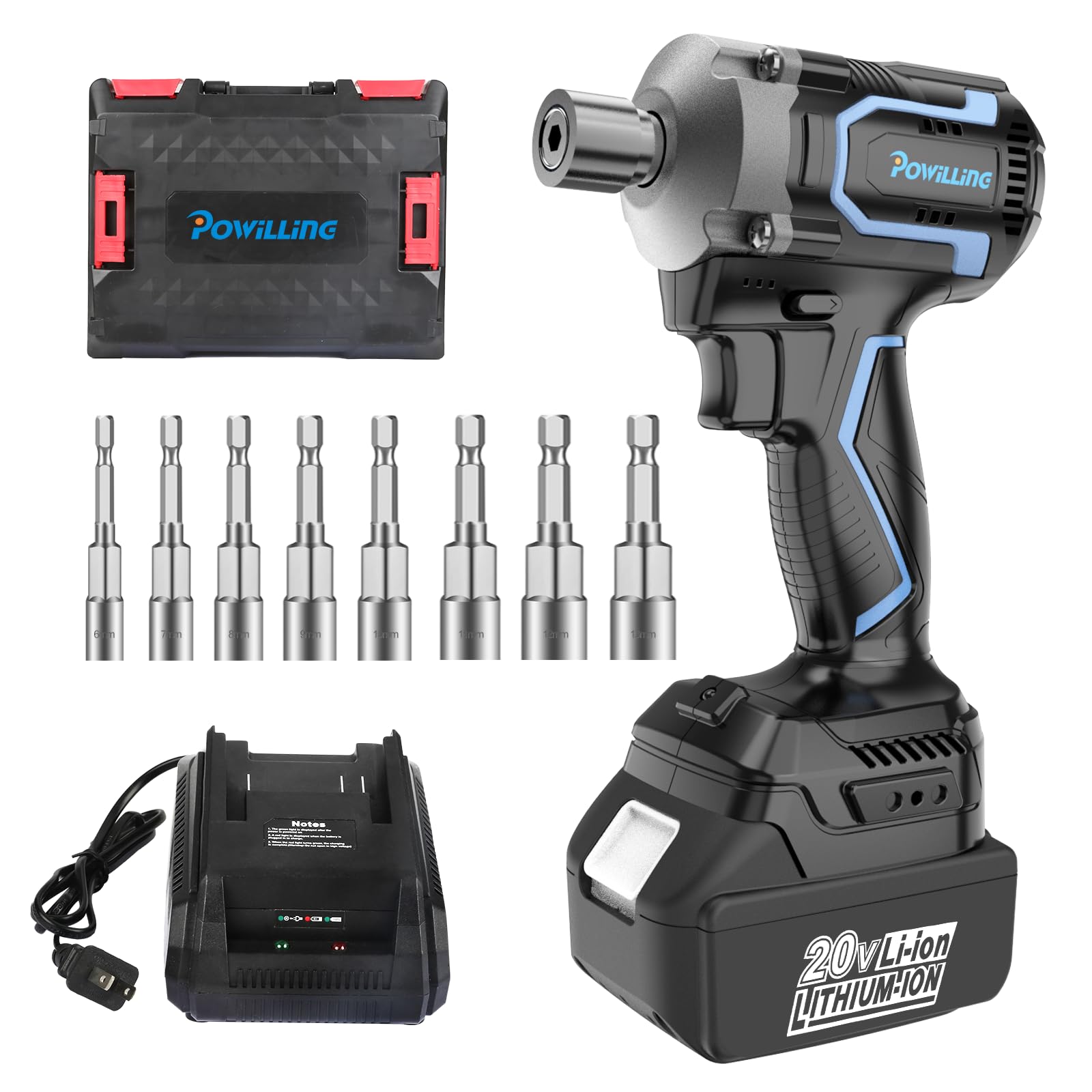 Powilling Impact Driver Kit - 20V Electric 1/4 Inch Hex Impact Drill/Driver Set，2 Variable Speed, with 6.0Ah Battery and Charger, 14Pcs Socket and Tool Case Includ