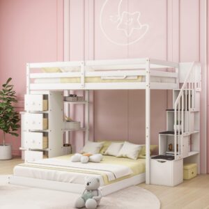 Favfurish Twin Over Full Bunk Bed with 3-Layer Shelves,Wood L-Shape High Loftbed Frame W/ 4 Drawers & Storage Stairs,No Box Spring Required,Slats Support,for Kids Teens Adults,White