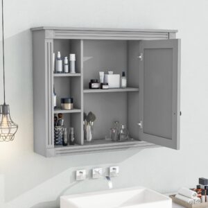 linique 35" x 28" wall mounted bathroom storage cabinet with mirror,modern bathroom wall mirror cabinet with 6 open shelves,not include bathroom vanity,grey