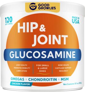 goodgrowlies mobility glucosamine treats for dogs - advanced hip & joint supplement w/omega-3, chondroitin, msm - made in usa - joint pain relief - hip & joint care - 120ct