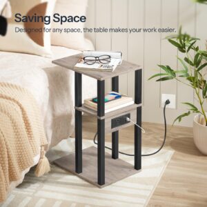 HOOBRO C Shaped End Table with Charging Station, Small Side Table with 2 USB Ports and Outlets, TV Tray Table, Couch Table for Small Spaces, Living Room, Bedroom, Greige and Black BG62USF01