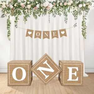 neutral burlap print one boxes for 1st first birthday decorations, large 3pcs rustic boho one sign boxes with letters and one high chair banner