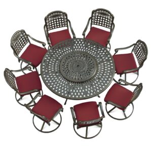 vivijason 9-piece outdoor furniture dining set, rust-free cast aluminum patio conversation set, include 8 swivel dining chairs & 61" round dining table with 31" lazy susan, umbrella hole, red